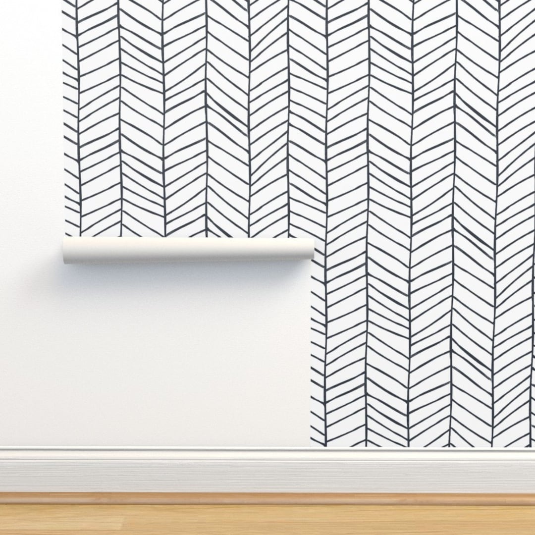 Boho Herringbone Non-pasted Wallpaper Black and White Monochromatic ...