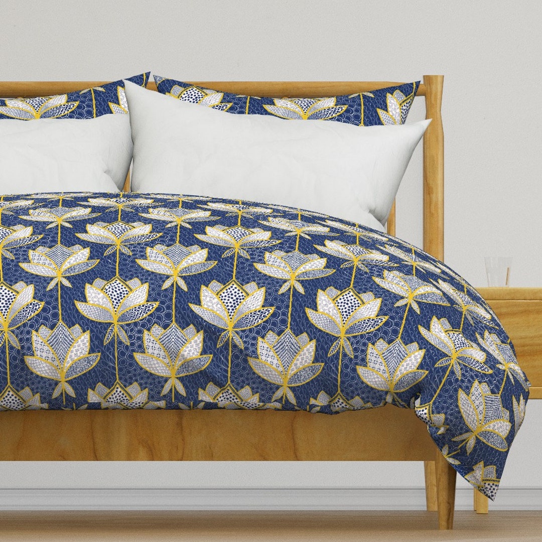 Lotus Bedding Japanese Lotus by Nina_leth Patchwork Blue White Yellow Asian Zen Cotton Sateen ...