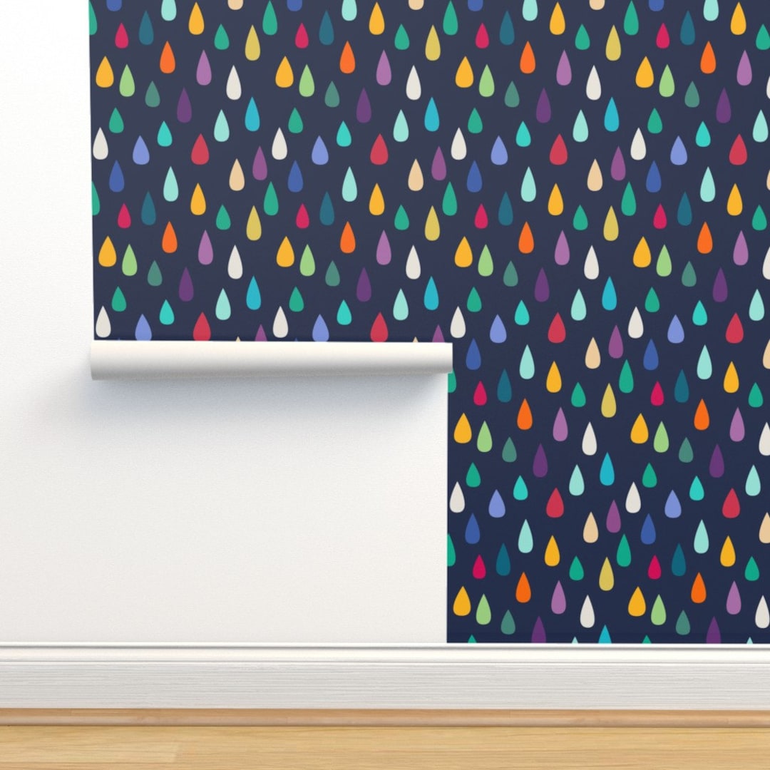 Buy Bright Raindrops Non-pasted Wallpaper Jewel Tones Navy Rainbow ...