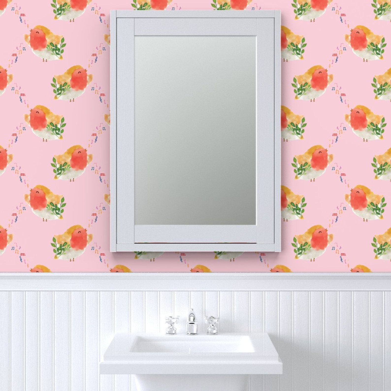 Watercolor Robin Non-pasted Wallpaper Pastel Rose Pink Songbird - Robin ...