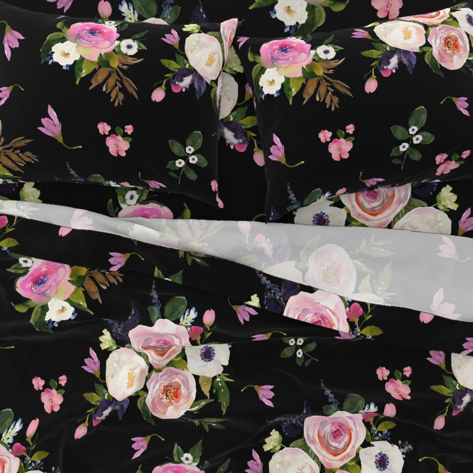 Watercolor Roses Sheets Colette Blooms Black by Shopcabin | Etsy