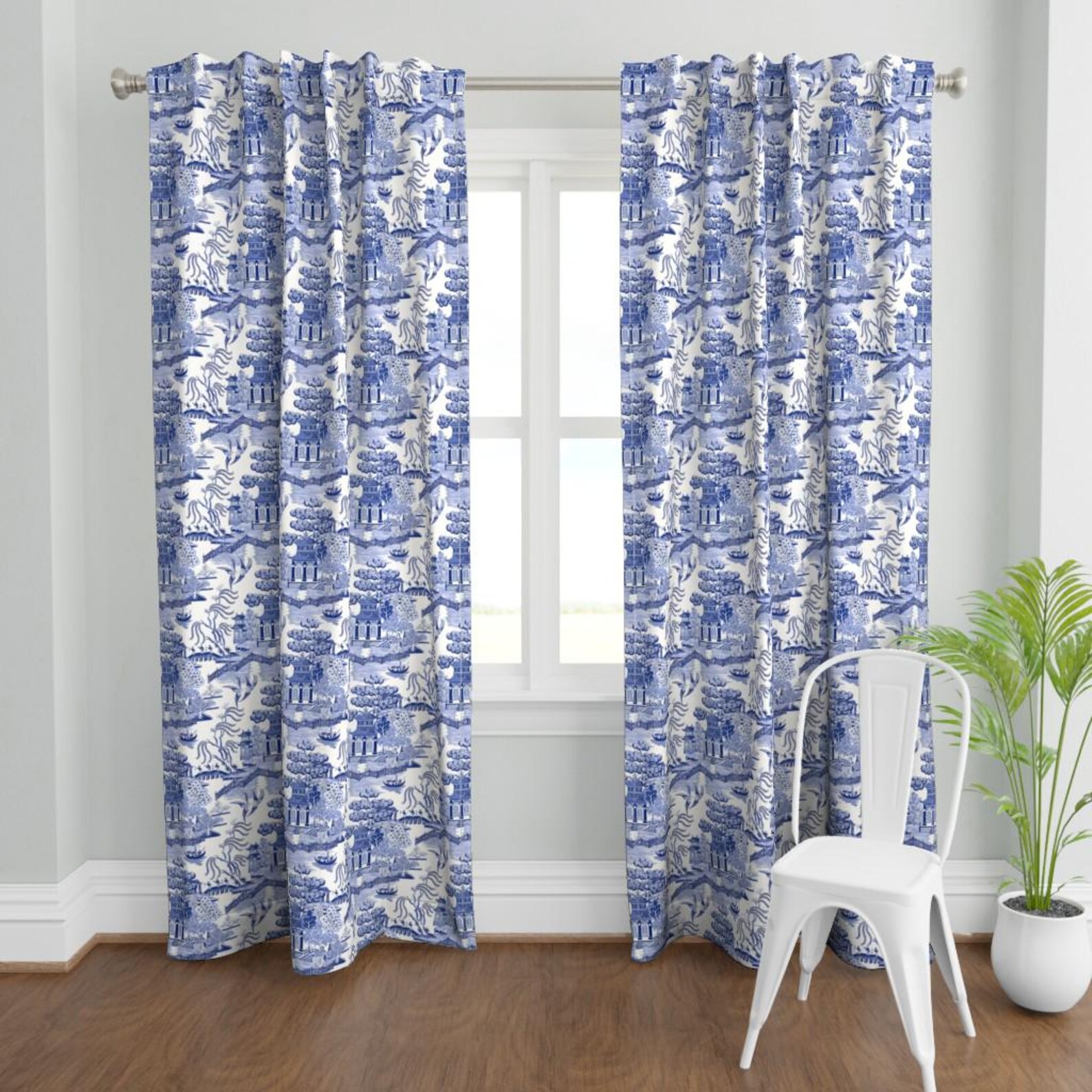 Pagoda Chinoiserie Curtain Panel - Blue Toile Chinese Botanical Garden ...