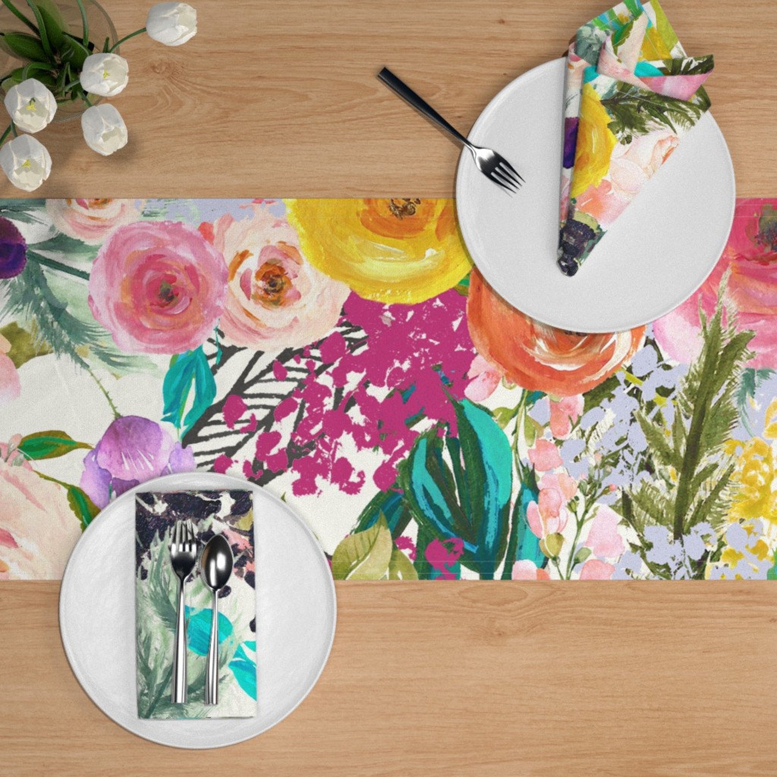 Watercolor Floral Table Runner Autumn Blooms Giant Bright by | Etsy