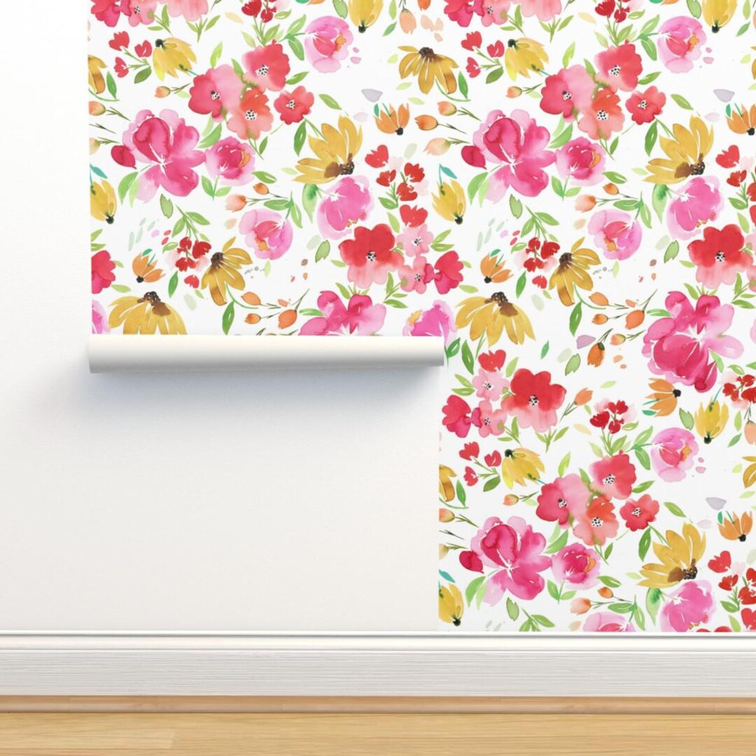 Watercolor Floral Non-pasted Wallpaper Red Green Pink - Smells Like ...