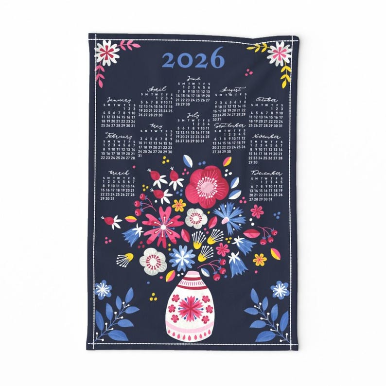 2026 Calendar Tea Towel - 2026 Calendar Folk Bouquet by Marketa_stengl ...