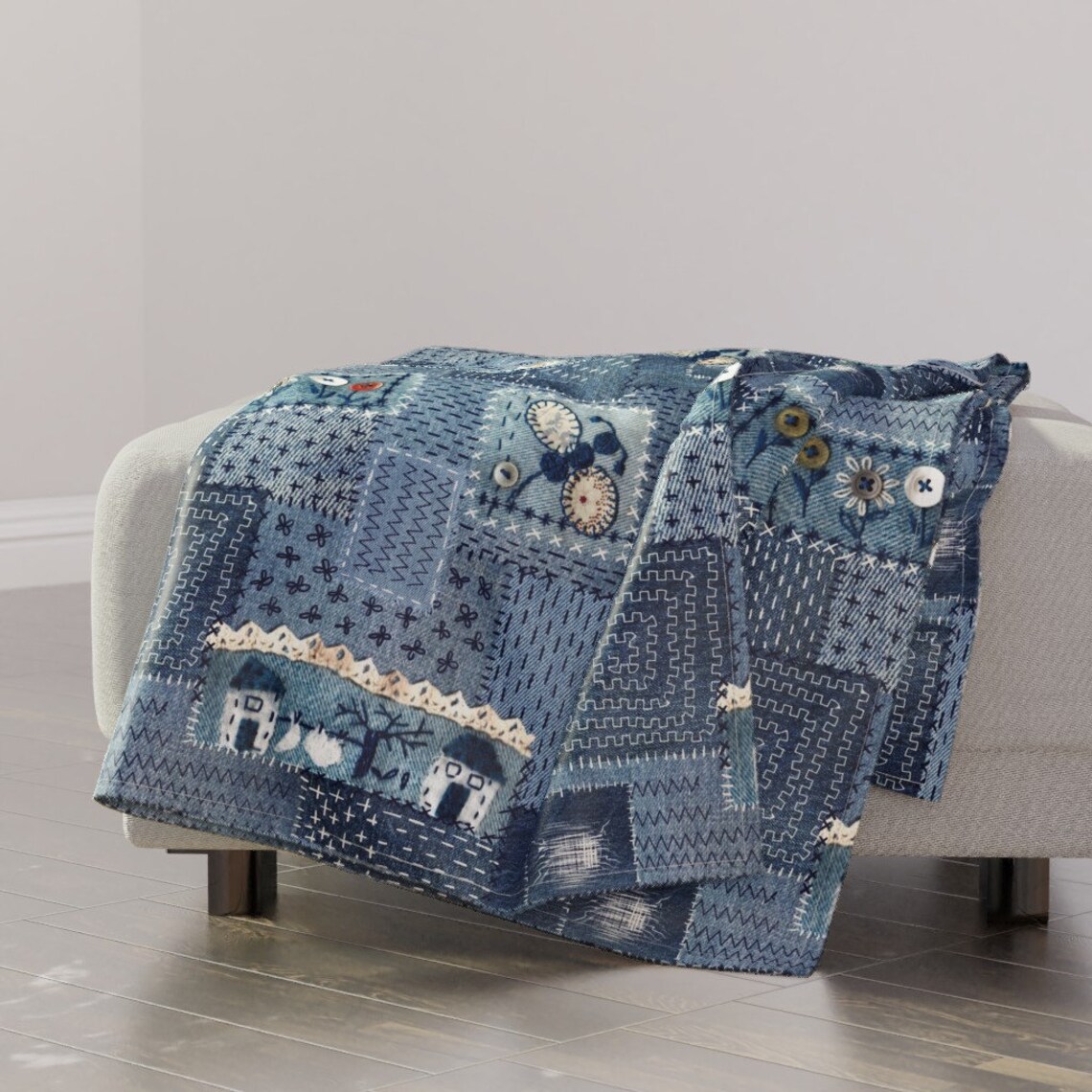 Faux Denim Patches Throw Blanket Denim Crazy Quilting by | Etsy