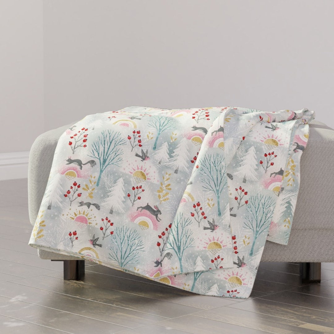 Forest Animals Throw Blanket Winter Solstice by Marketa_stengl Pastel Woodland Pale Blue Pink ...