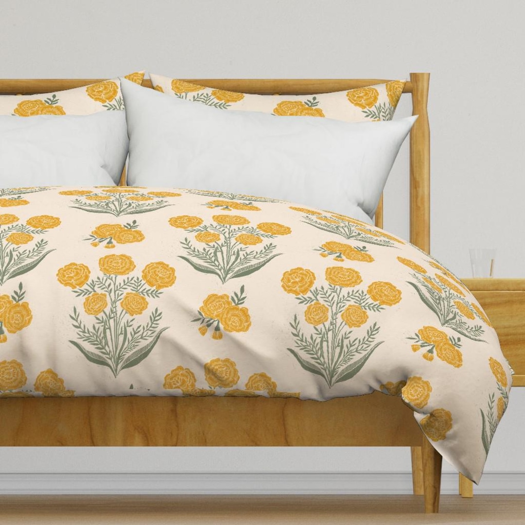 Block Print Floral Bedding - Golden Marigolds by Latheandquill - Yellow ...