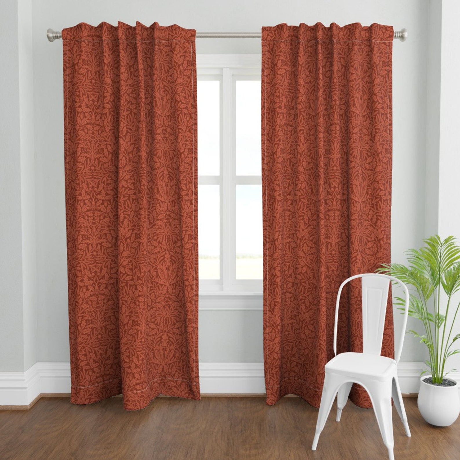 Vintage Damask Curtain Panel - Rust Art Nouveau Acorn Willow William ...