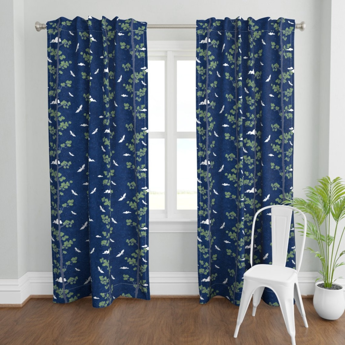 Japanese Crane Curtain Panel - Indigo Navy Blue Birds Trees Vines ...