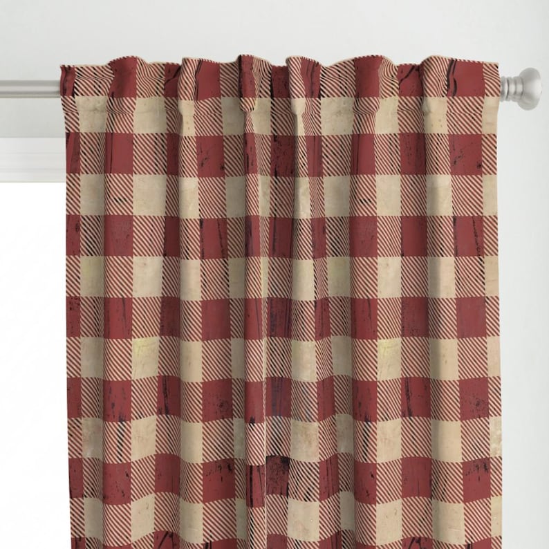 Rustic Plaid Curtain Panel - Earthy Brick Red Buffalo Plaid Weathered ...