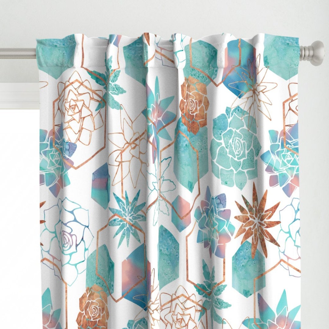 Boho Aqua Succulents Curtain Panel - Blue Teal Bronze Modern Geometric ...