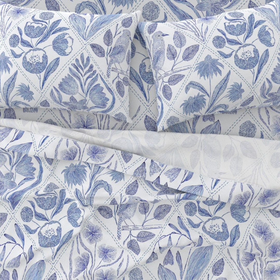Blue Sheets Floral Toile by Denesannadesign Flowers Bird - Etsy