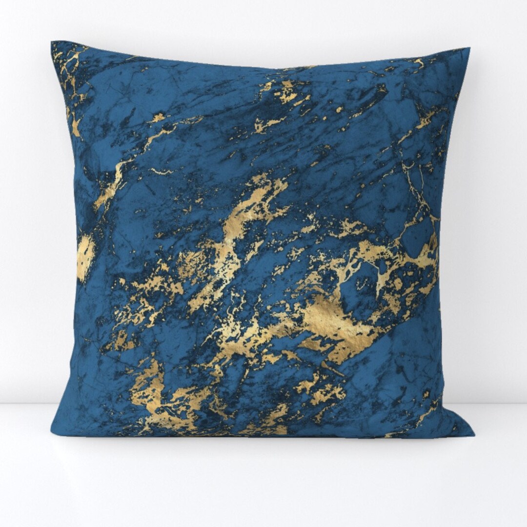 Blue and Gold Throw Pillow - Marble Effect Faux Stone Look Decorative ...