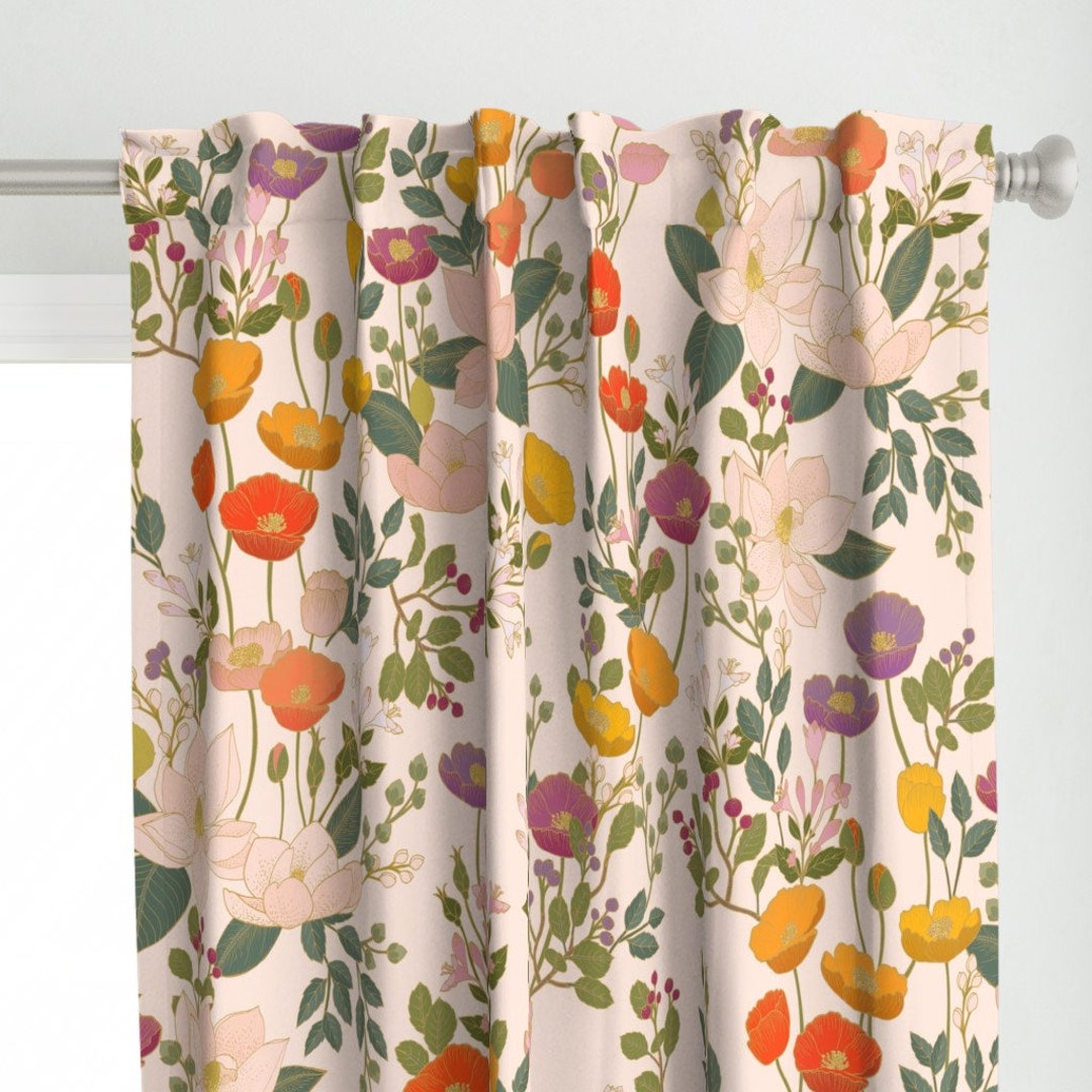 Cream Botanical Curtain Panel - Poppies Romantic Chinoiserie Magnolia ...