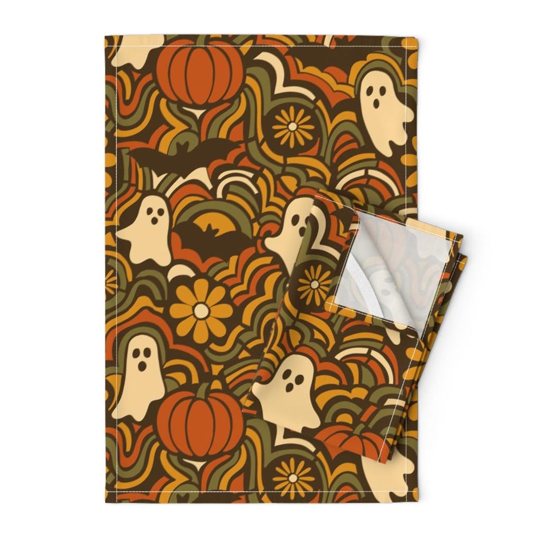 Groovy Ghosts Tea Towels Set of 2 - Retro Brown Orange Floral ...