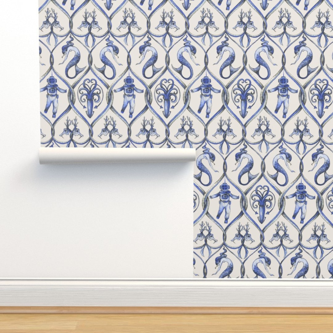 Mermaid Damask Non-pasted Wallpaper Nautical Coastal Ocean - Tethys ...