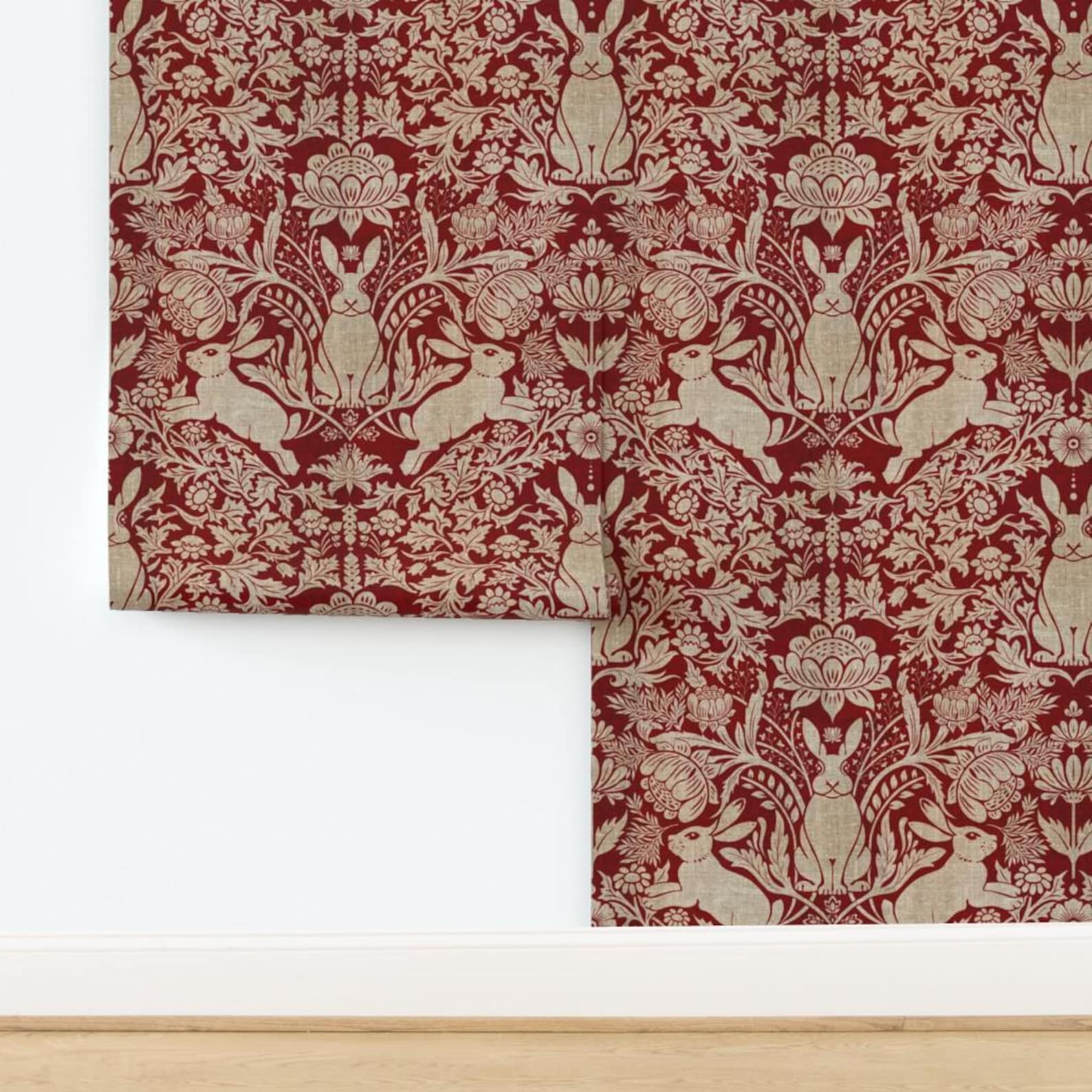 Victorian Damask Non-pasted Wallpaper Medieval Deep Red Beige - Rabbit ...