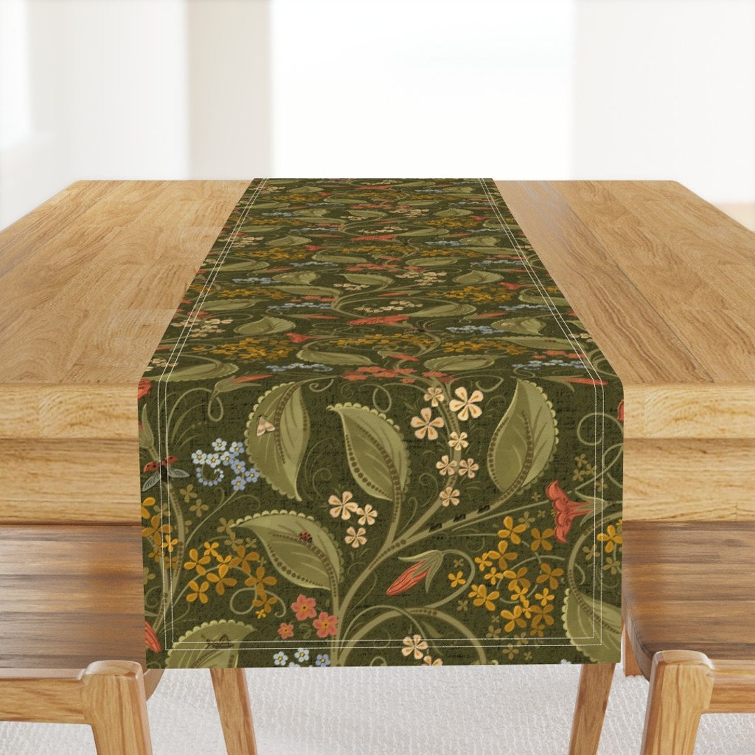 Victorian Garden Table Runner - Vintage Botanical Olive Green Jacobean ...