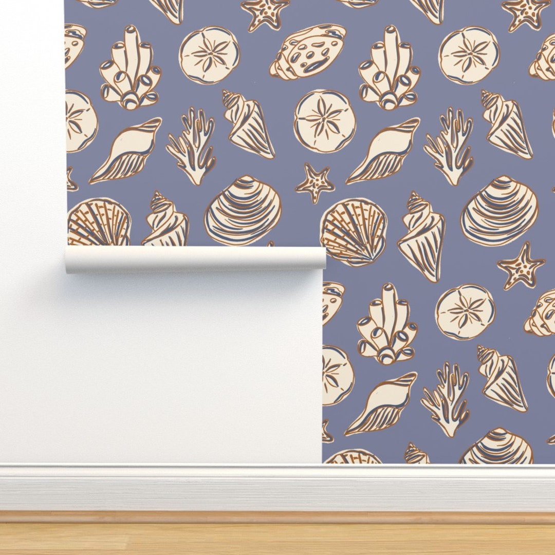 Seashells on Blue Non-pasted Wallpaper Coastal Nautical Ocean Beach ...