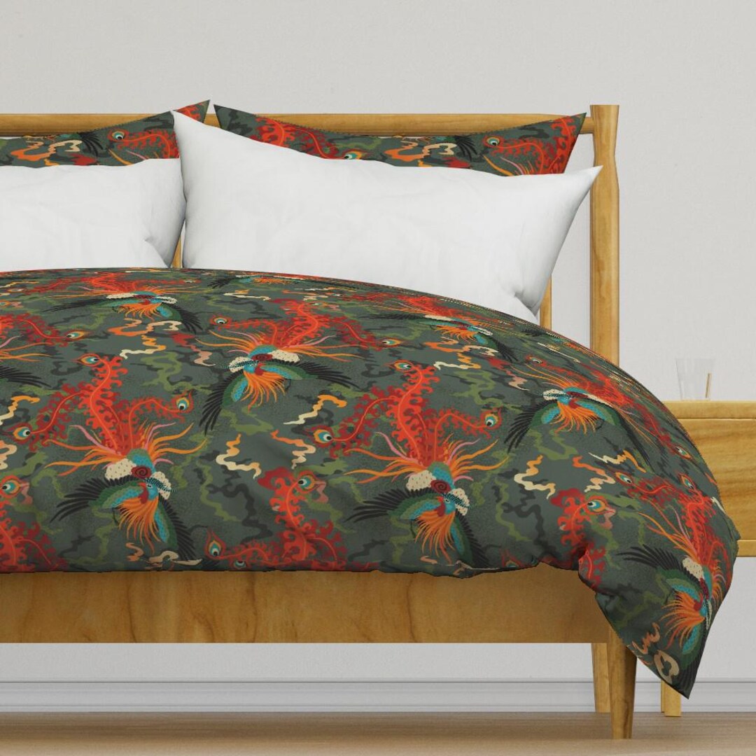 Pheonix Bedding - Phoenix by Dessineo - Bird Red Orange Fire Olive ...