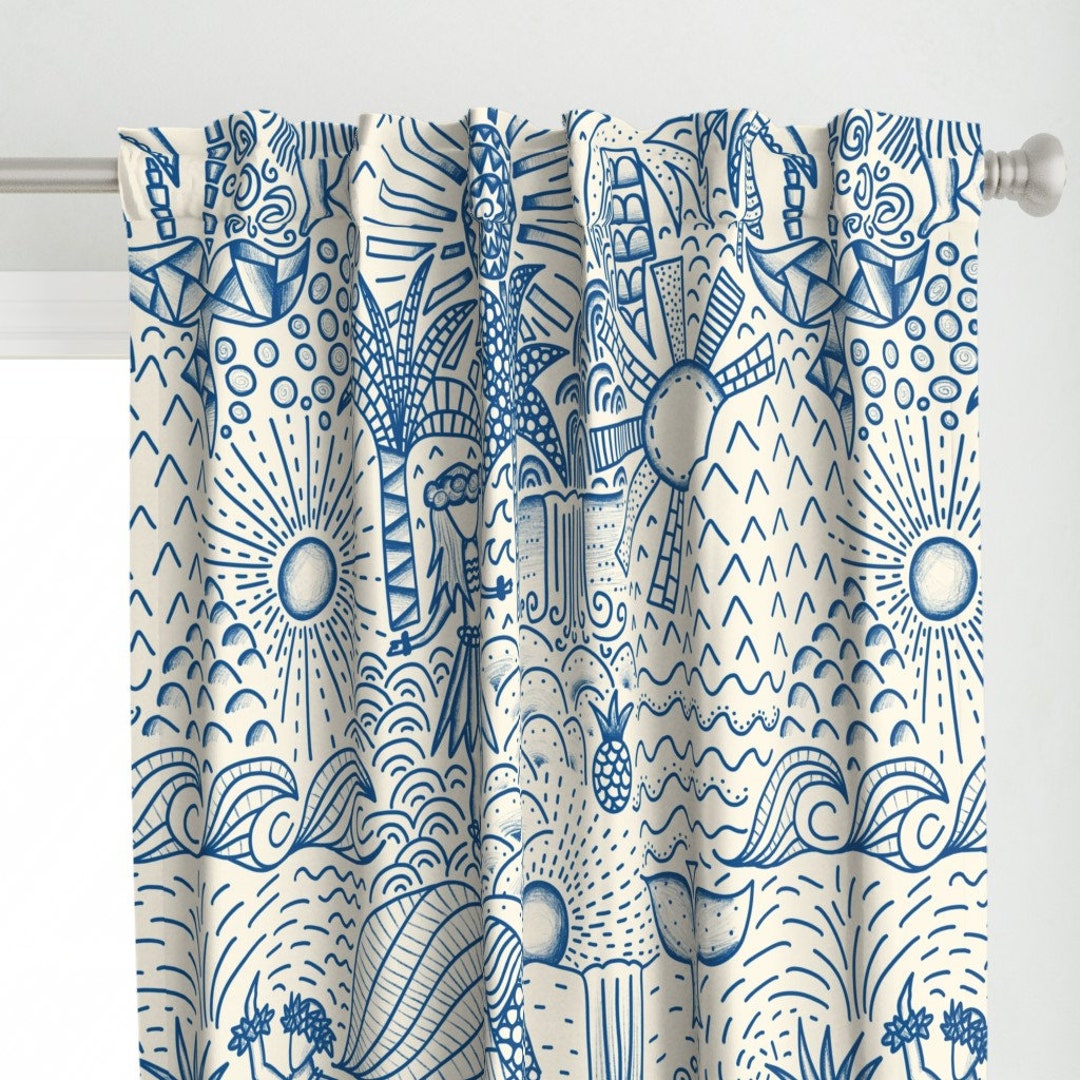 Blue Curtain Panel - Nature Hawaii Palm Tree Toile Whale Hula Dancer ...