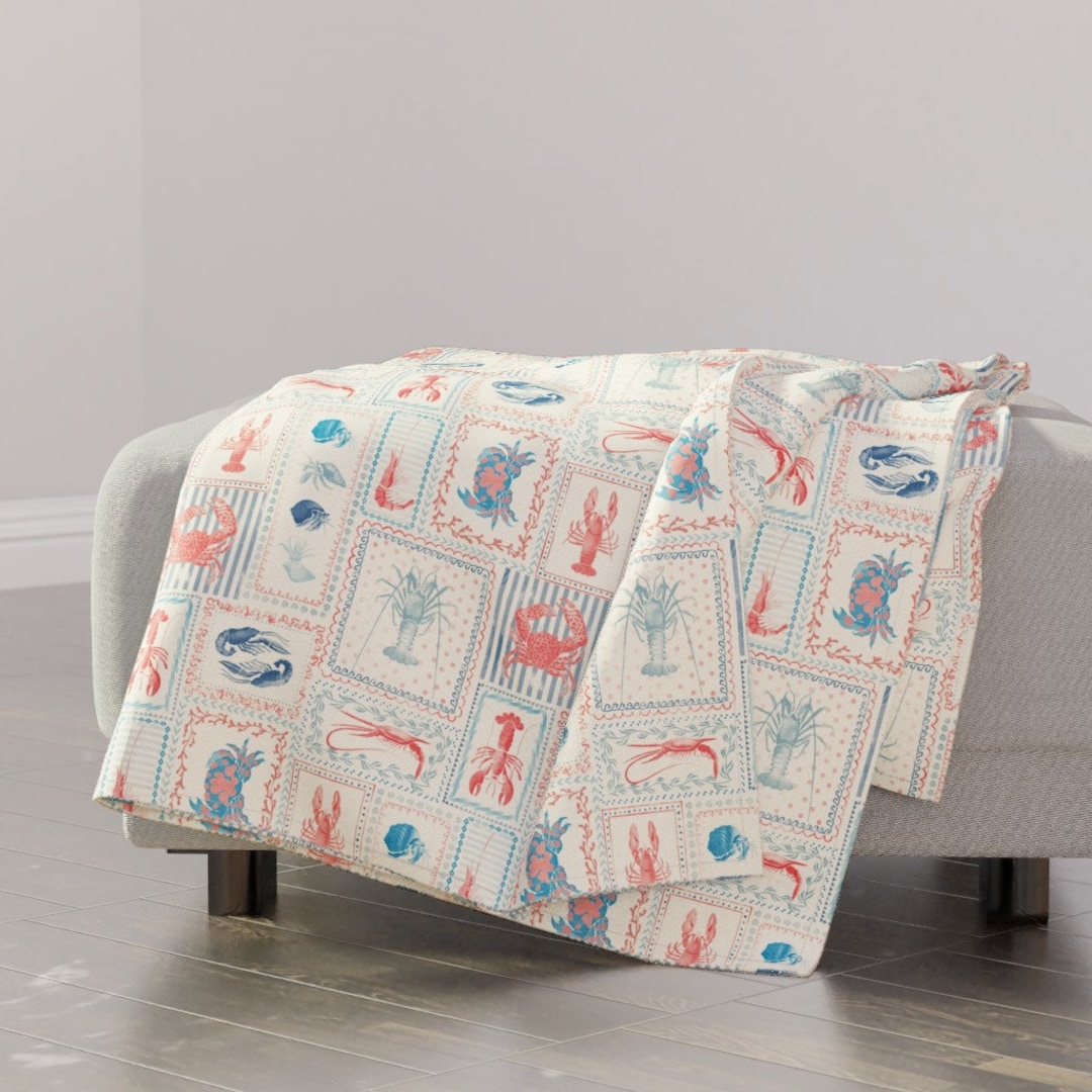 Coastal Patchwork Throw Blanket - Cream Blue Red Stripes Crab Lobster ...