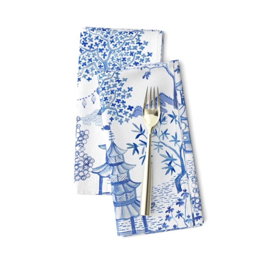 Chinoiserie Dinner Napkins set of 2 Pagoda Forest Blues by - Etsy