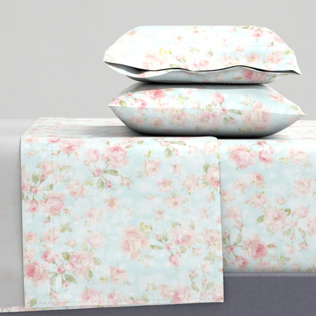Romantic Rose Sheets - June Roses Aqua by Lilyoake - Shabby Chic Retro ...