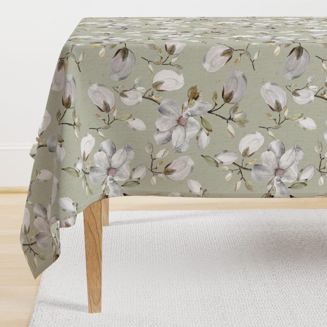 Watercolor Magnolias Tablecloth - Floral on Sage by Yvonnehartstudio ...