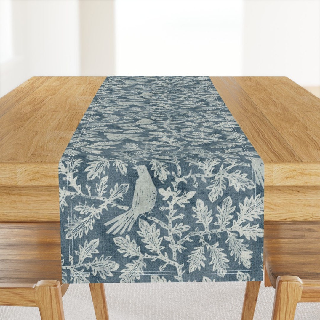 Traditional Table Runner - Botanical Tree of Life Denim Blue Block ...
