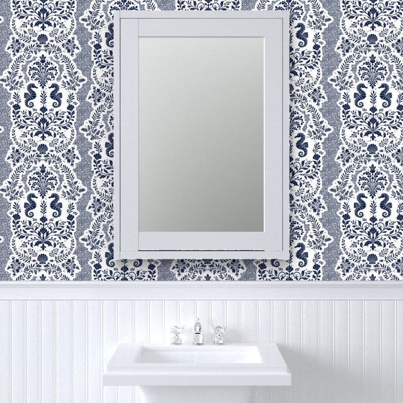 Nautical Damask Non-pasted Wallpaper Navy Blue Coastal - Seahorse ...