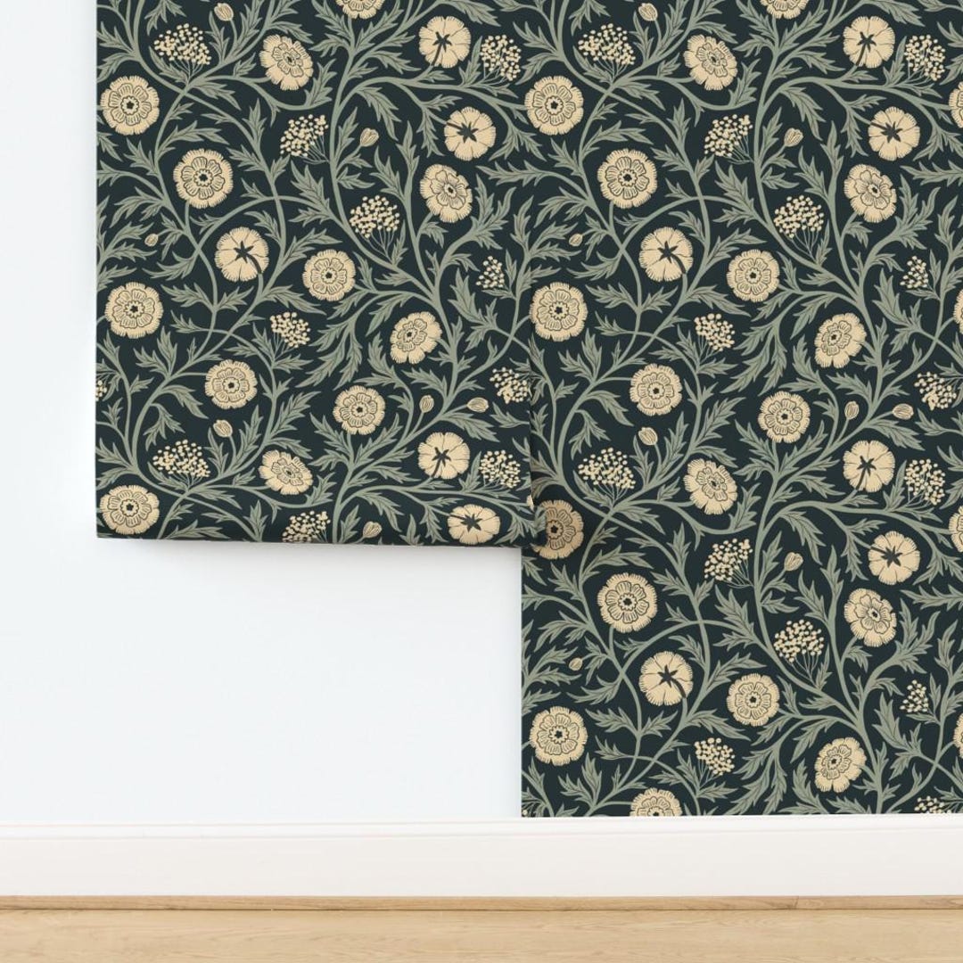 Blue Floral Non-pasted Wallpaper - Edith Antique Navy by Scarlet_soleil ...