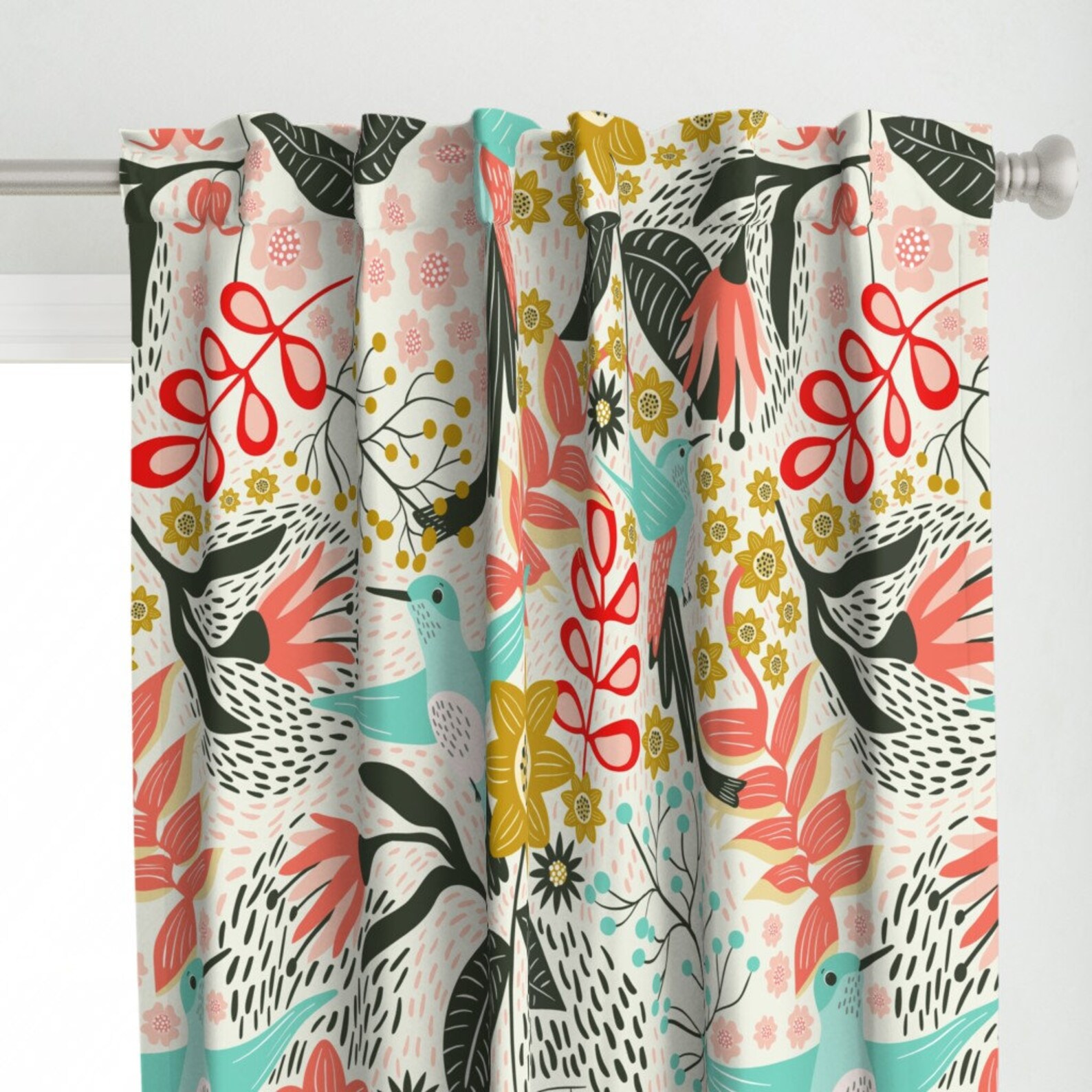 Hummingbird Curtain Panel - Coral Pink Aqua Teal Large Scale Floral ...