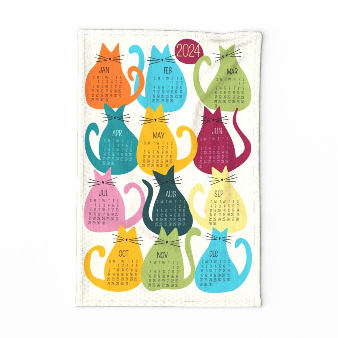 Retro Cats Tea Towel Bohemian Cat Calendar by Luciafontes 2024 Calendar ...