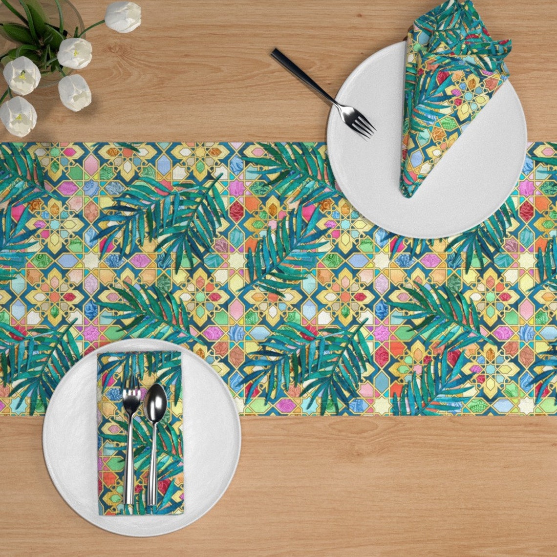 Moroccan Table Runner Mosaic Tiles With Palm Leaves by - Etsy