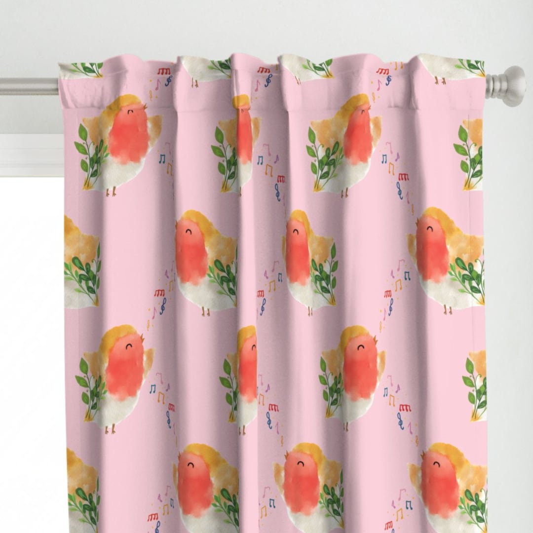 Watercolor Robin Curtain Panel - Pastel Rose Pink Songbird Music Notes ...