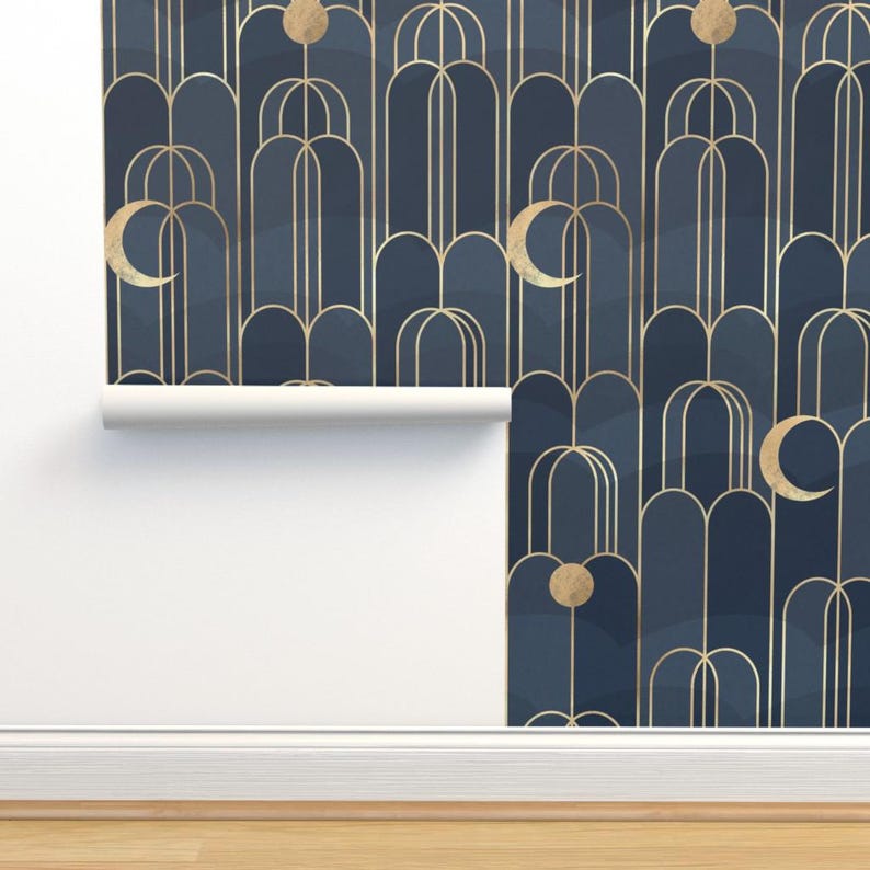 Celestial Art Deco Non-pasted Wallpaper Moon Night Sky Arches Blue ...