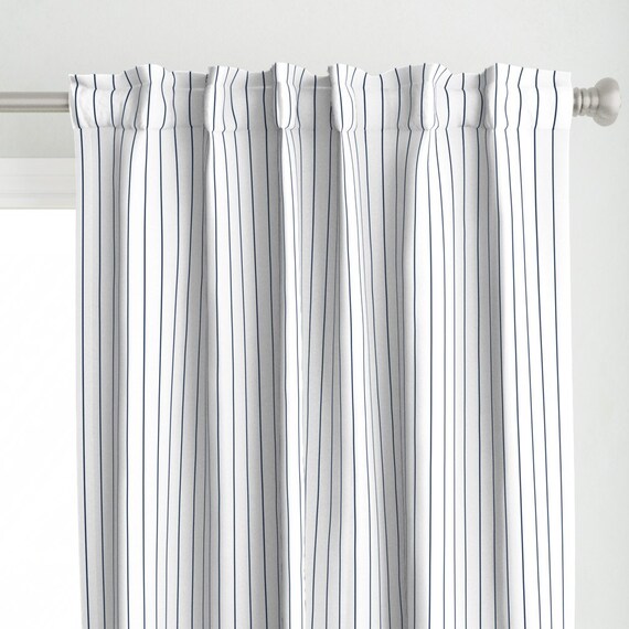 Pinstripe Curtains Mist Blue & Crisp White Linen Double Pinstripe Grid