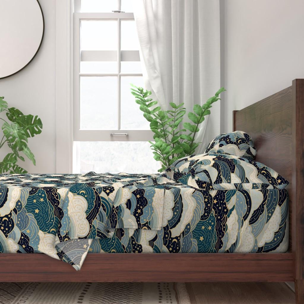 Night Sky Sheets - Clouds and Stars by Misodart - Blue Yellow Sleepy ...
