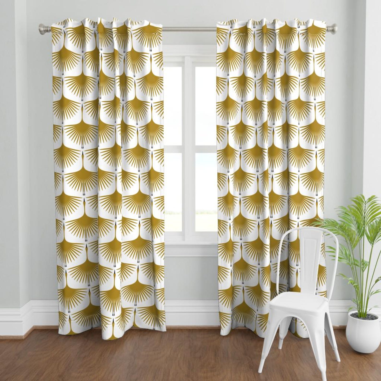 Mustard Gold Crane Curtain Panel - Art Deco Vintage Gold Art Deco Swan ...