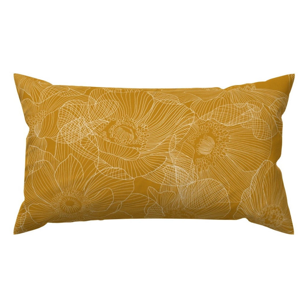 Anemone Floral Accent Pillow Anemones Line Art by House_of_haricot Mustard Gold Large Scale ...