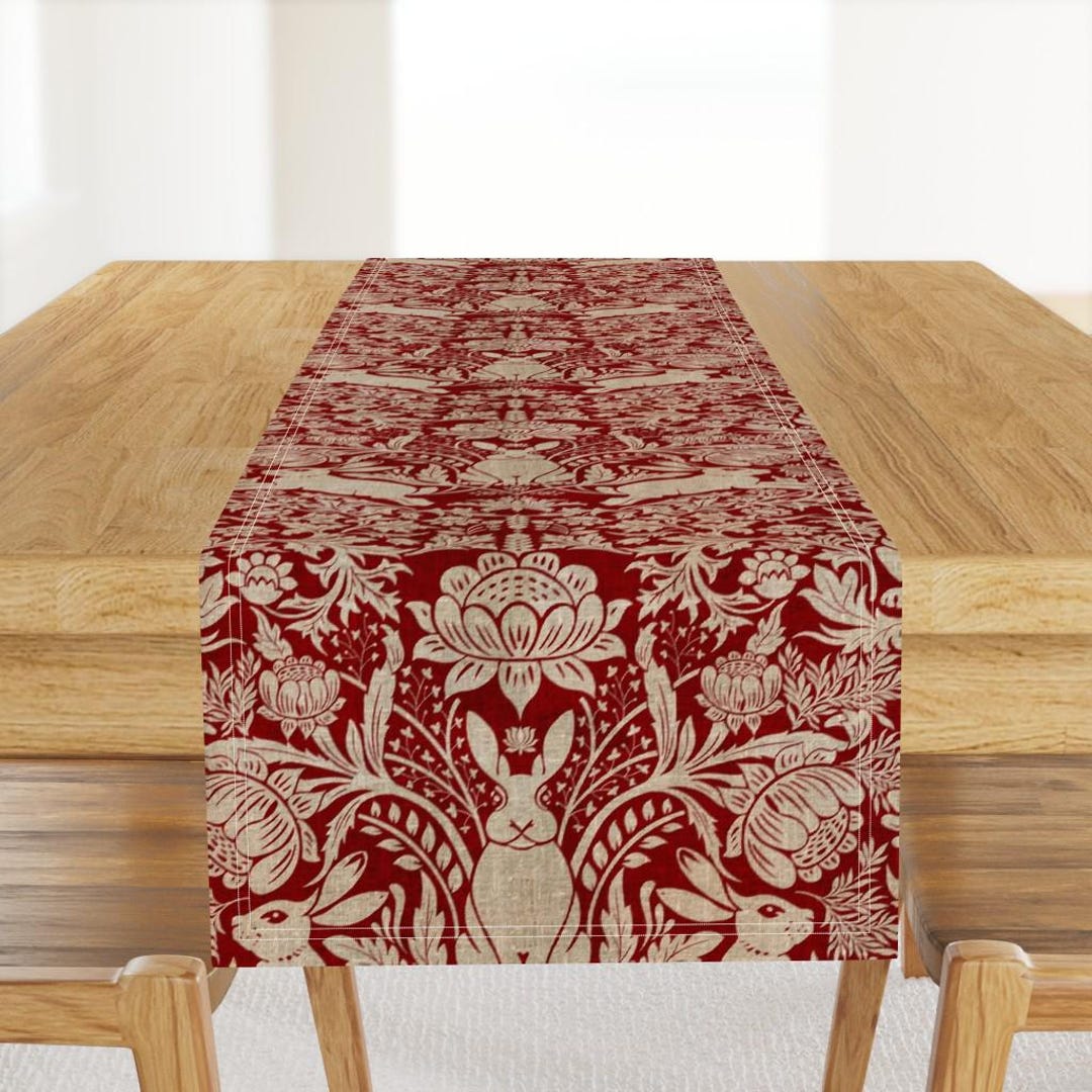 Victorian Damask Table Runner - Medieval Deep Red Beige Cottage Arts ...