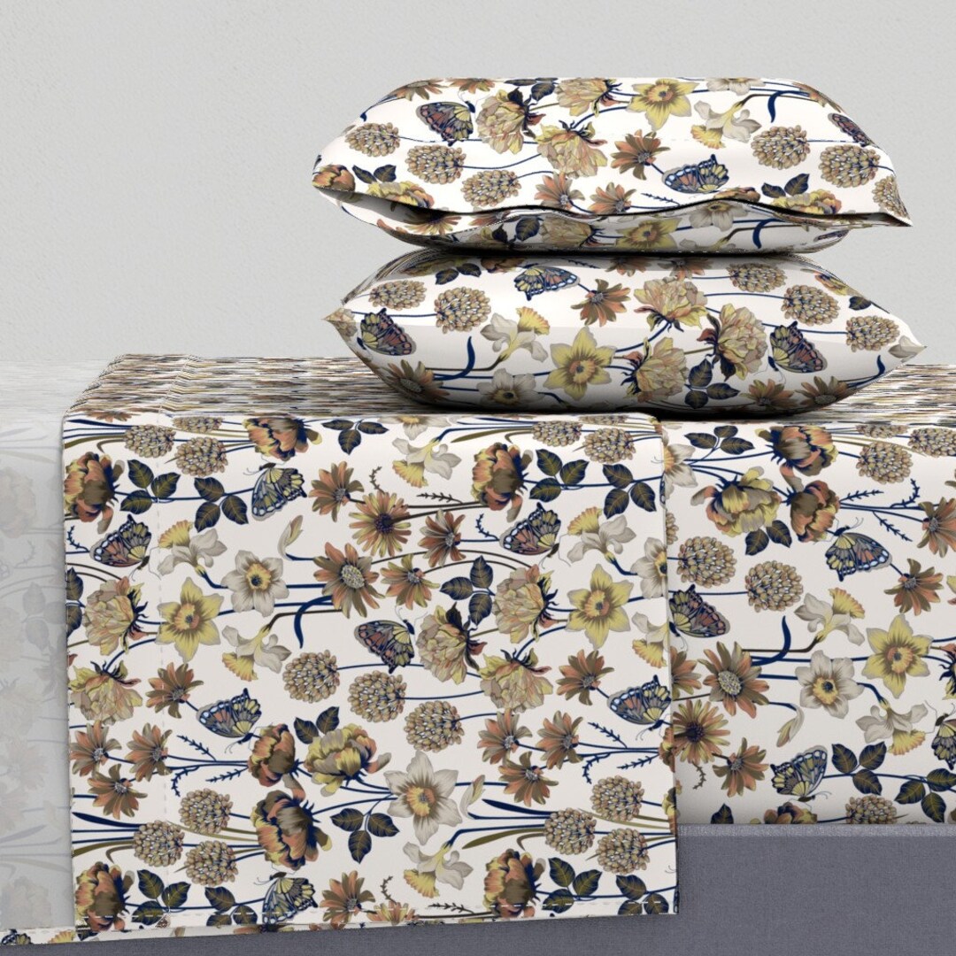 Neutral Blooms Sheets Spring Flowers Gray by Juditgueth Butterfly ...