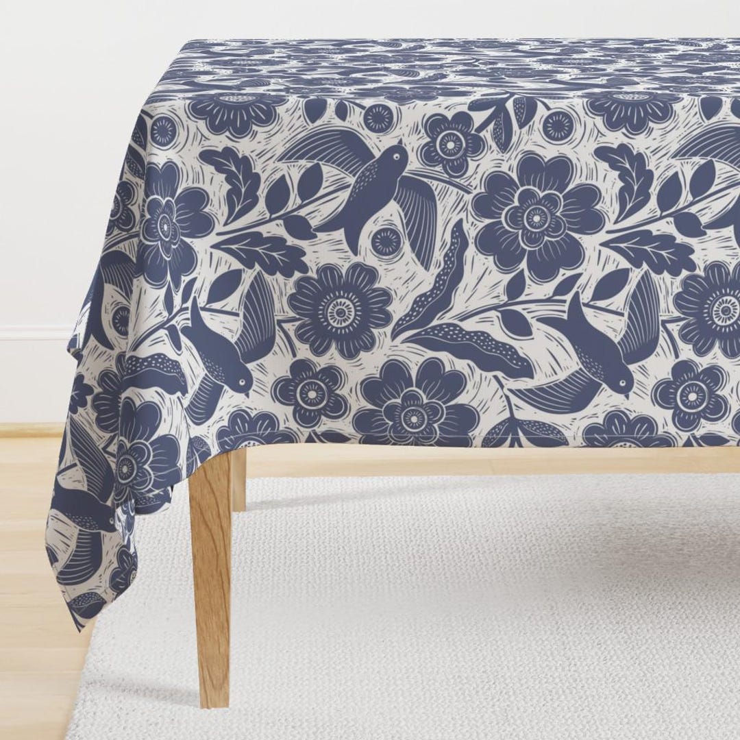 Blue Floral Tablecloth - Swallows and Moonflowers by Mandykippax ...
