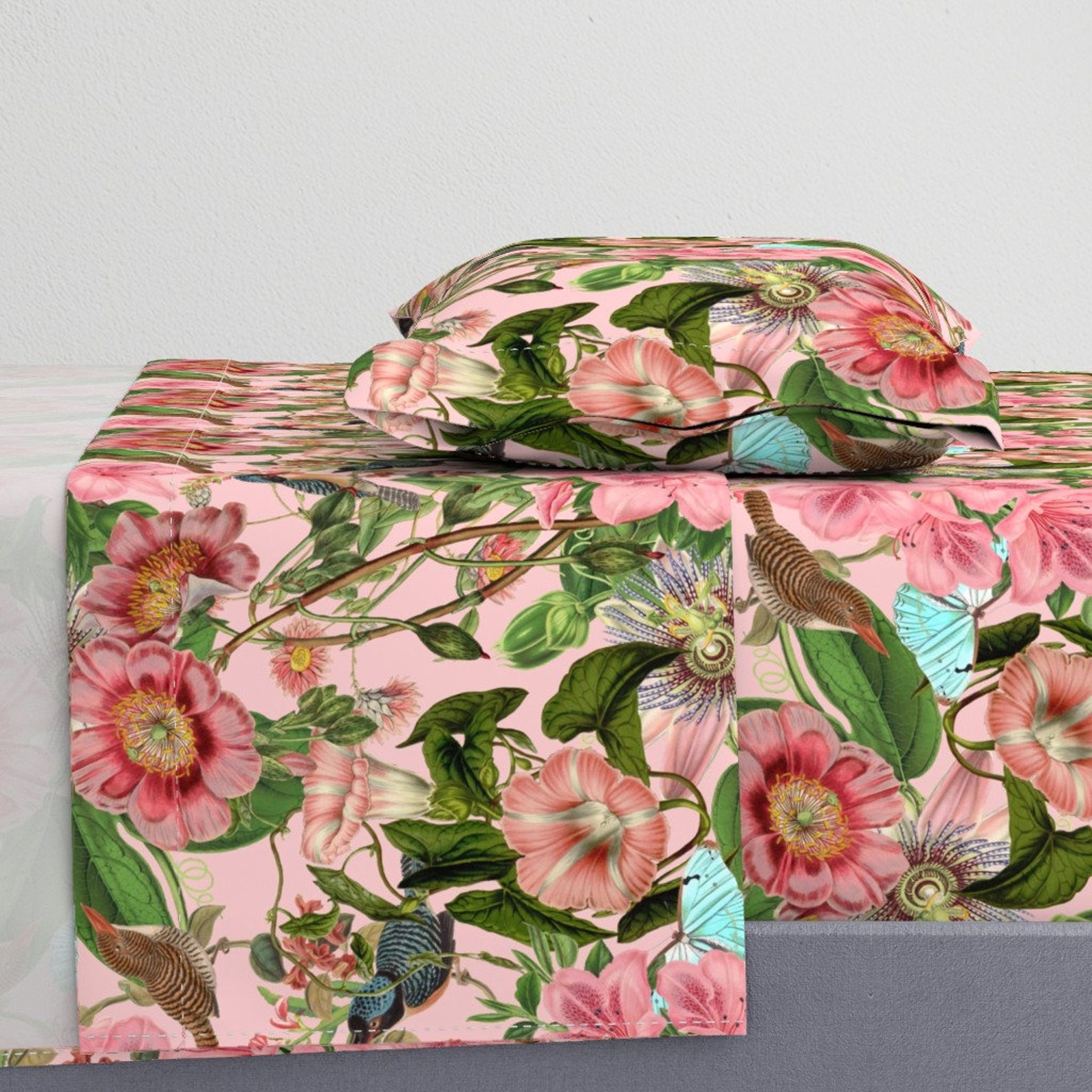Pink Bird Garden Sheets Pink Botanical Floral by Yesterdaycollection ...