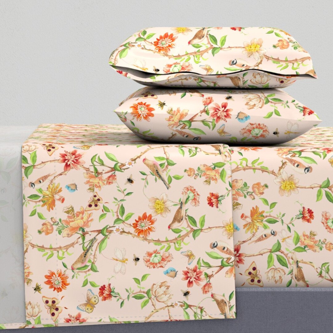 Vintage Botanical Sheets Antiqued Bird Chinoiserie by Utart Orange ...