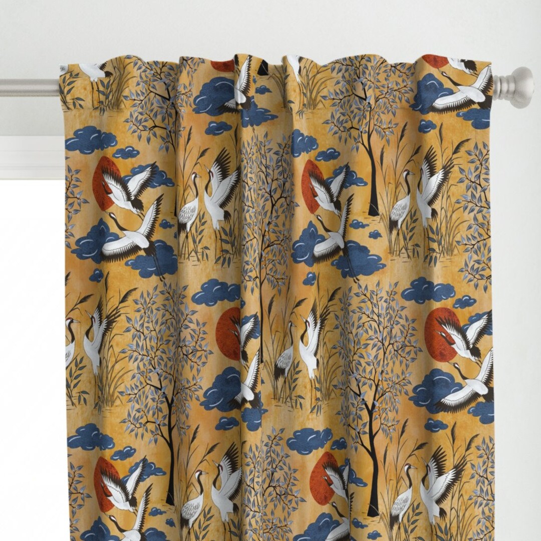 Crane Chinoiserie Curtain Panel - Elegant Garden Rust Gold Blue Indigo ...