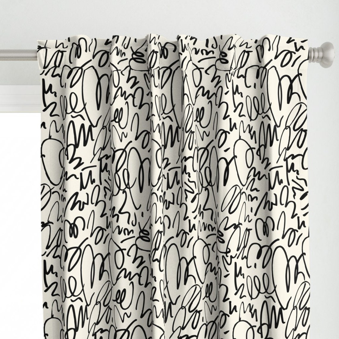 Scribbles Curtain Panel - Black White Modern Art Hand Drawn Freehand ...