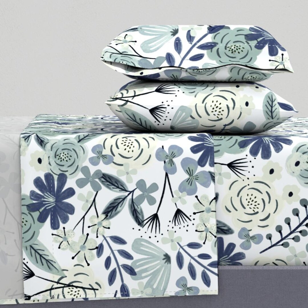 Blue Boho Floral Sheets - Flower Child Boho by Roochita - Sage Green ...